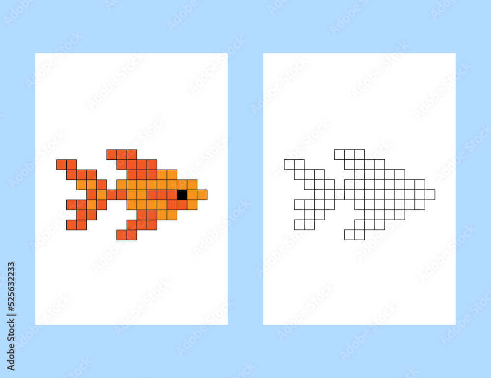 Pixel coloring page fish. Kids colouring book. Educational game for ...