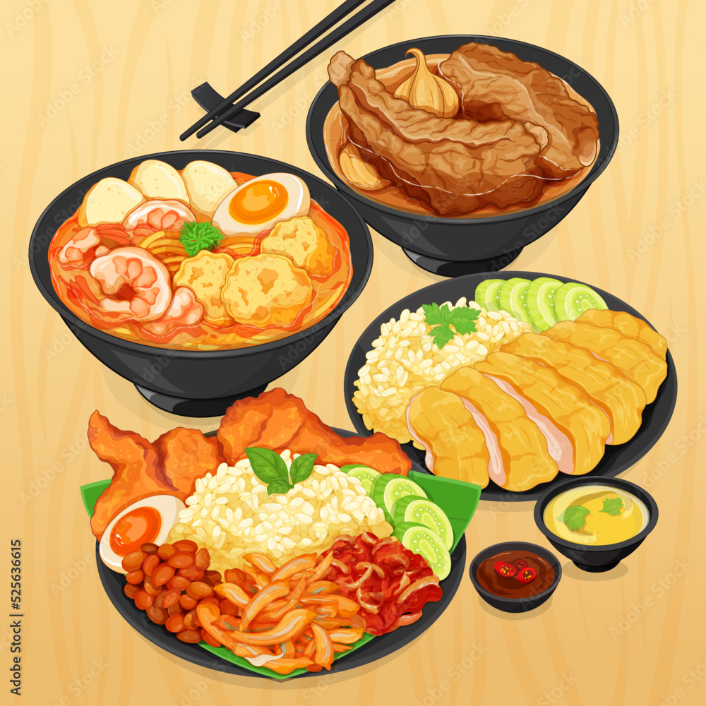 Bak Kut Teh singapore food menu close up. Shrimps (prawns) laksa soup ...