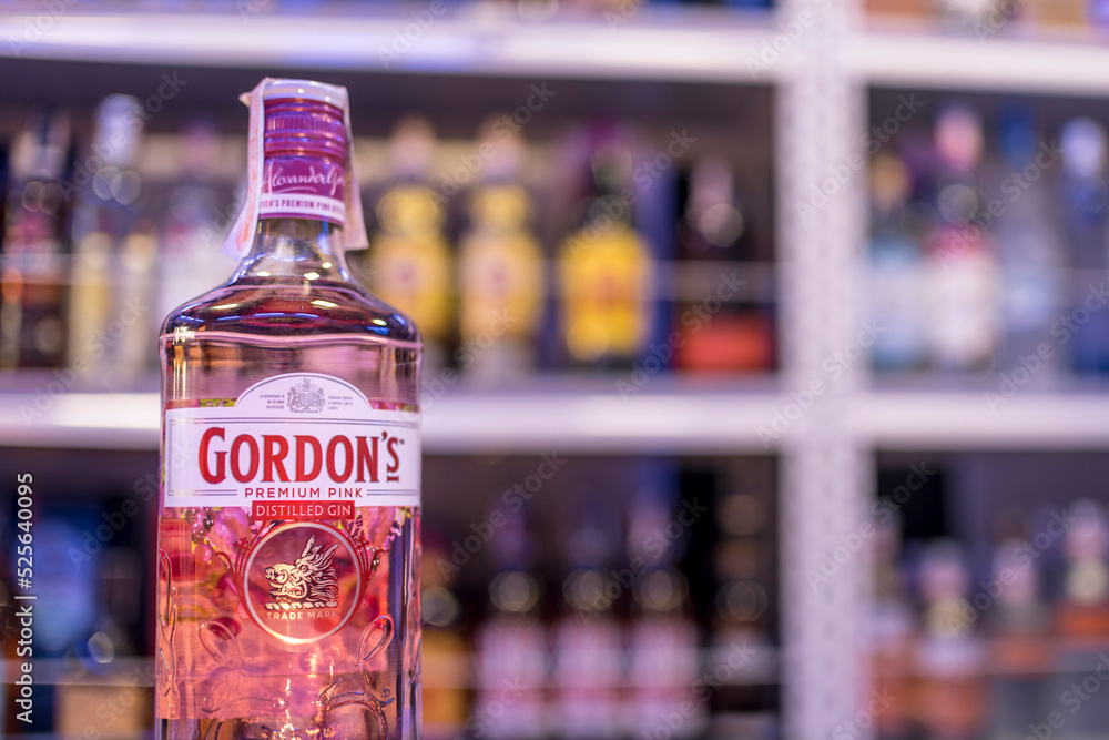 Gordon's Premium Pink Distilled Gin for sale at a liquor store. Stock ...