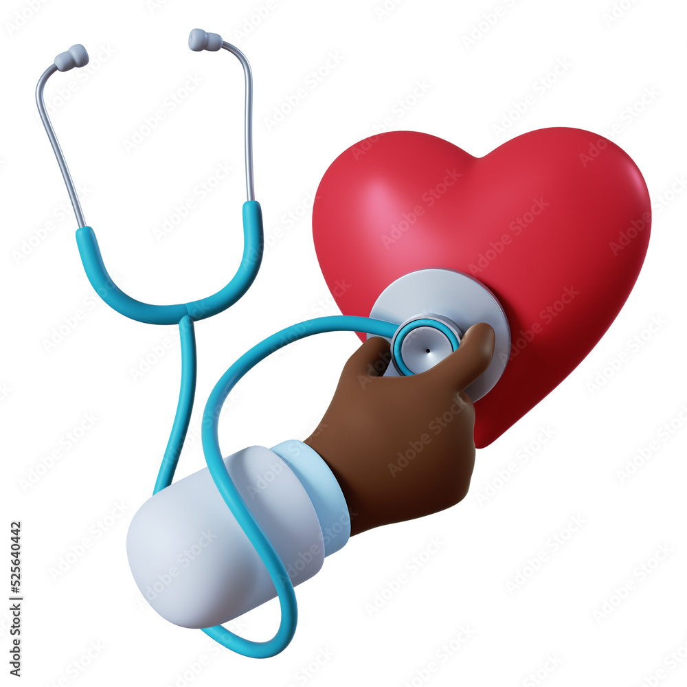 3d render. Doctor cartoon hand with stethoscope listens to the heart ...