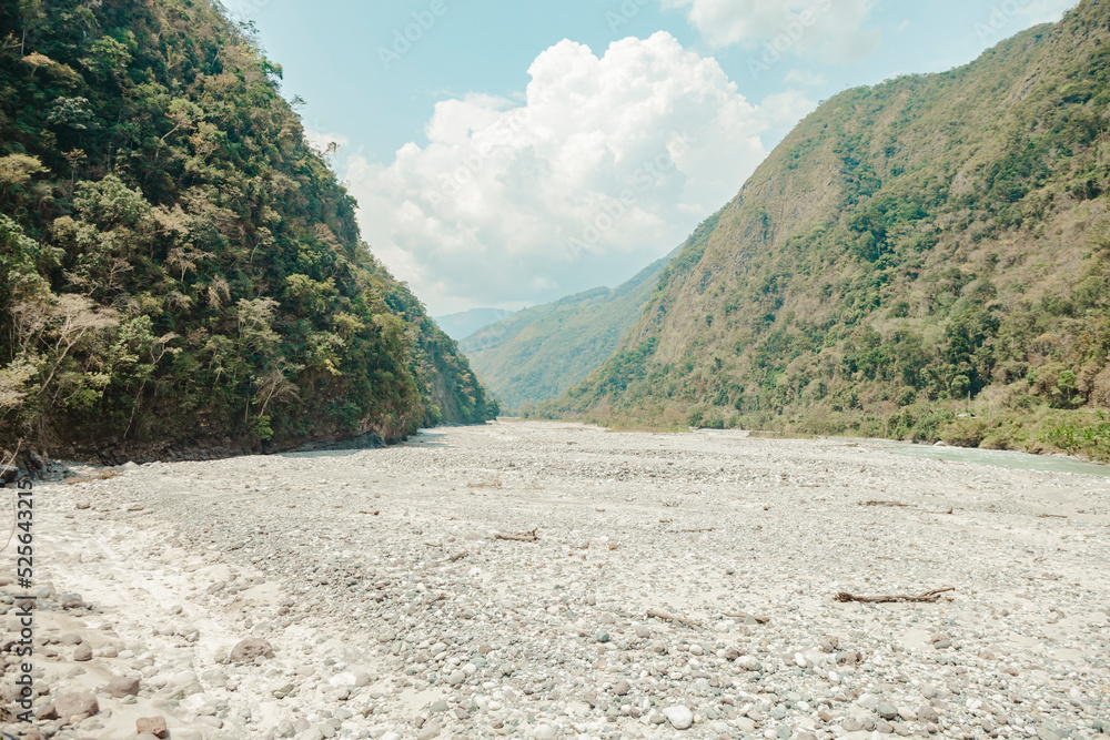 Paisaje de la selva rio y puente de acero, orilla casas de ladrillo y ...