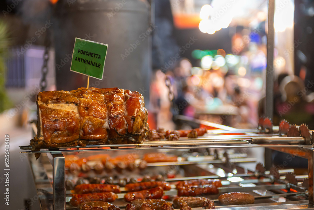 stall where typical Italian meat recipe called porchetta artisan is ...