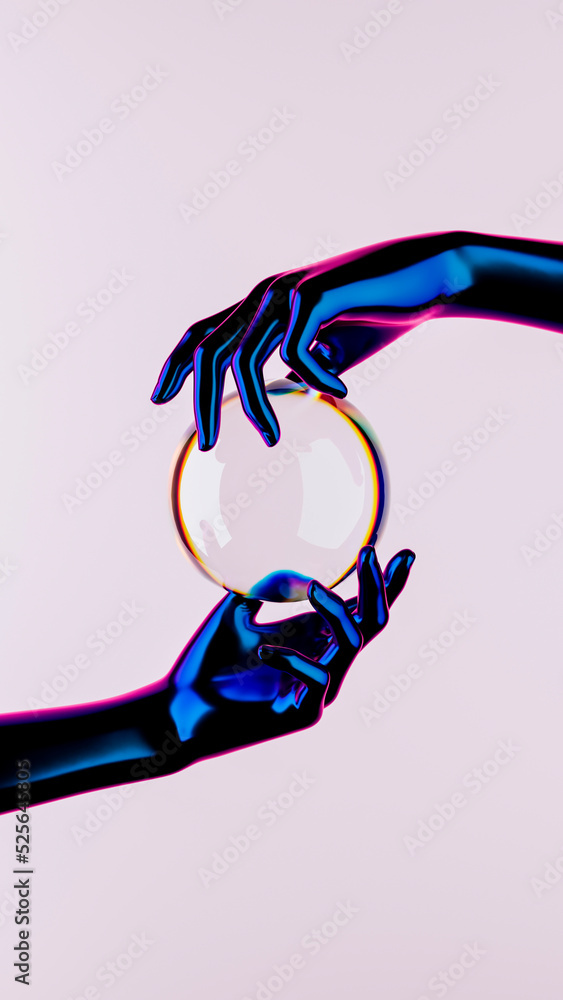 3d rendering hands holding glass sphere. People interaction. Abstract ...