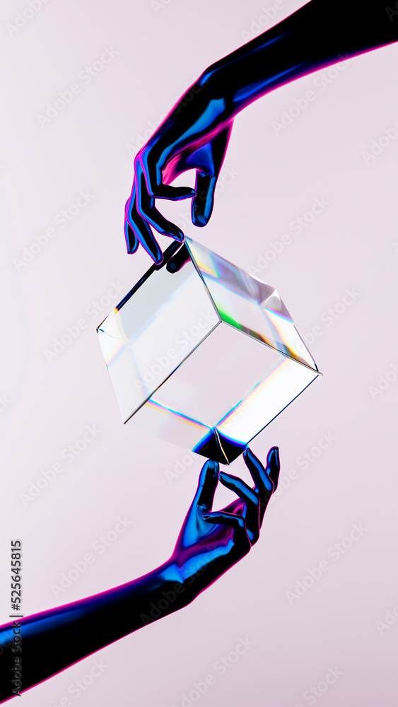 3d rendering hands holding glass cube. People interaction. Abstract ...