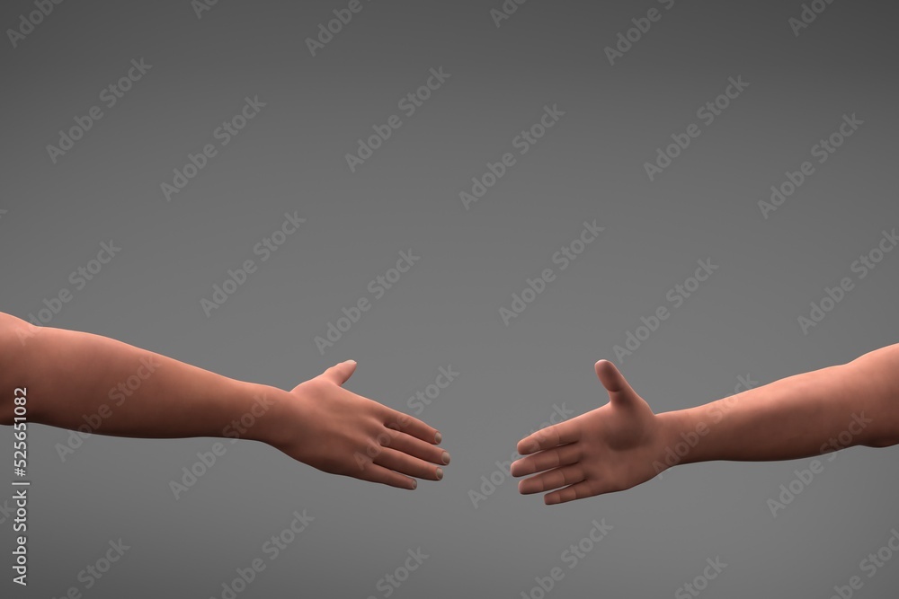 two hands reaching out to each other for handshake on gray background ...