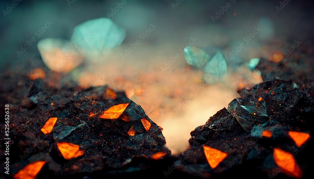 Hyper detailed 3D render of magma and lava particles and rare stones ...