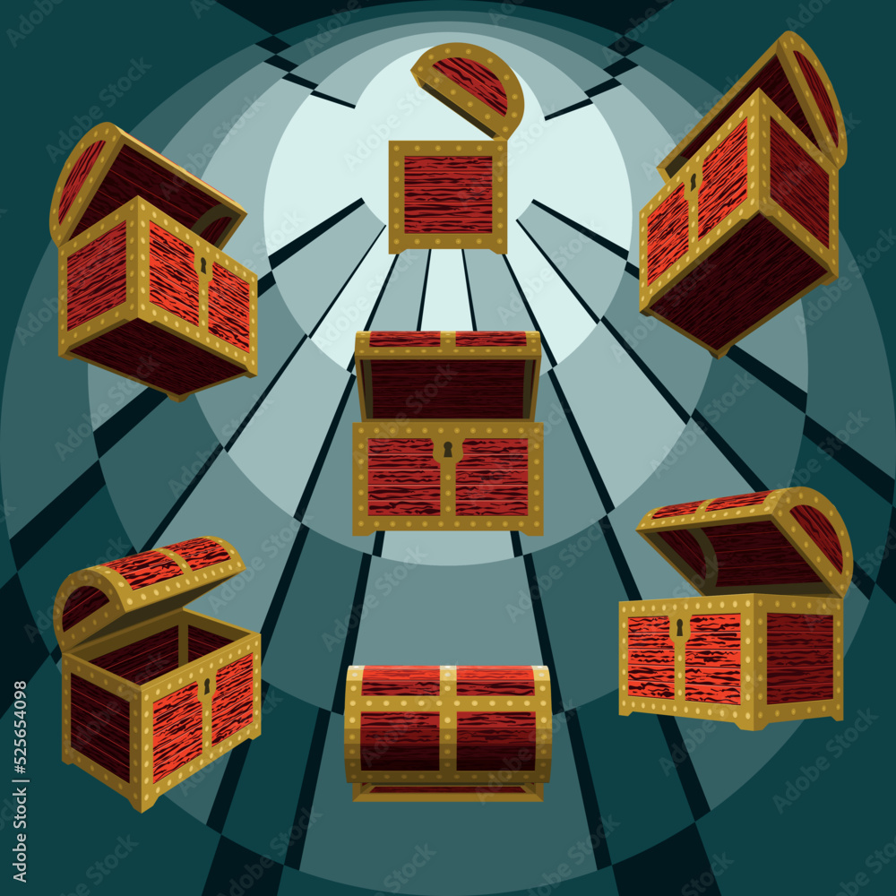 Vector illustration of an ajar empty chests in different angles ...