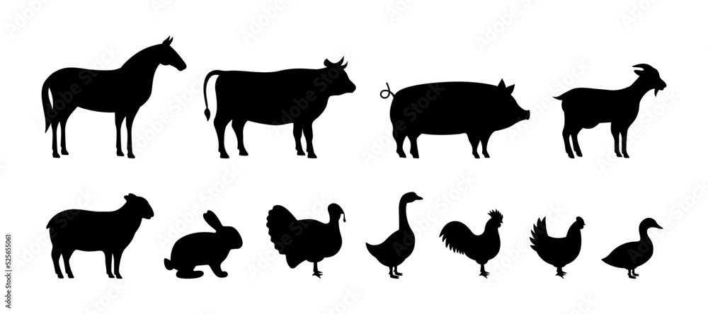 Set of Farm animal silhouettes. Pig, Horse, Turkey, Goat, Sheep ...