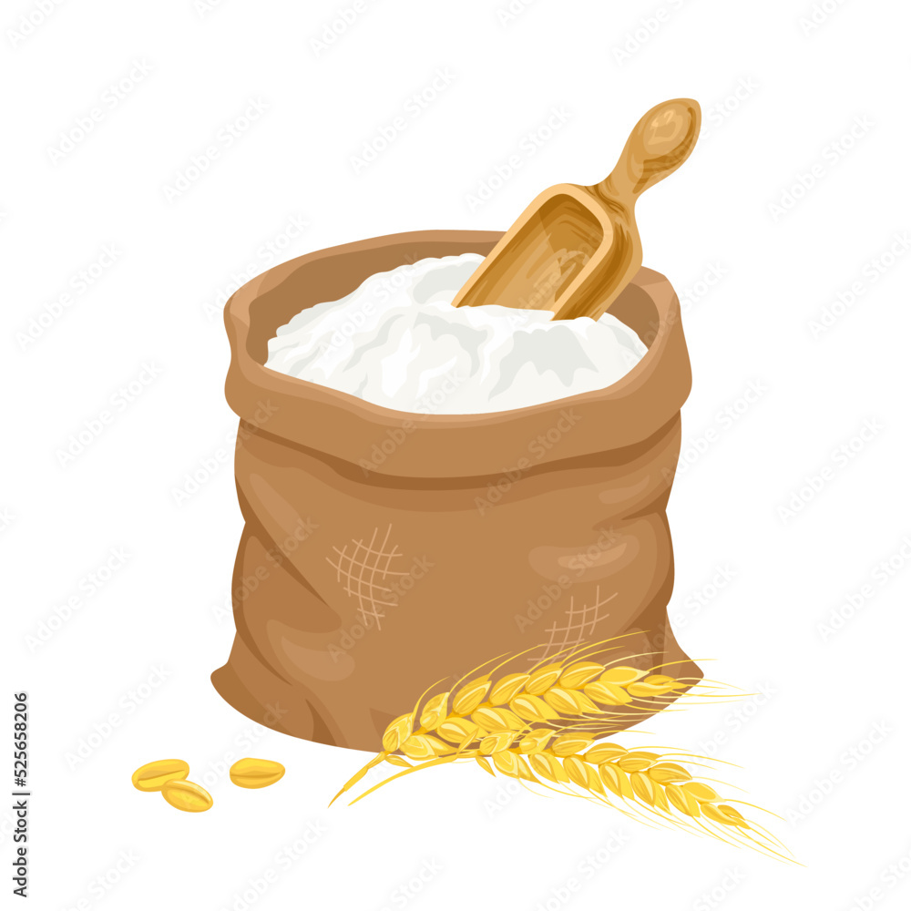 Sack with wheat flour and golden ears isolated on white. Vector cartoon ...