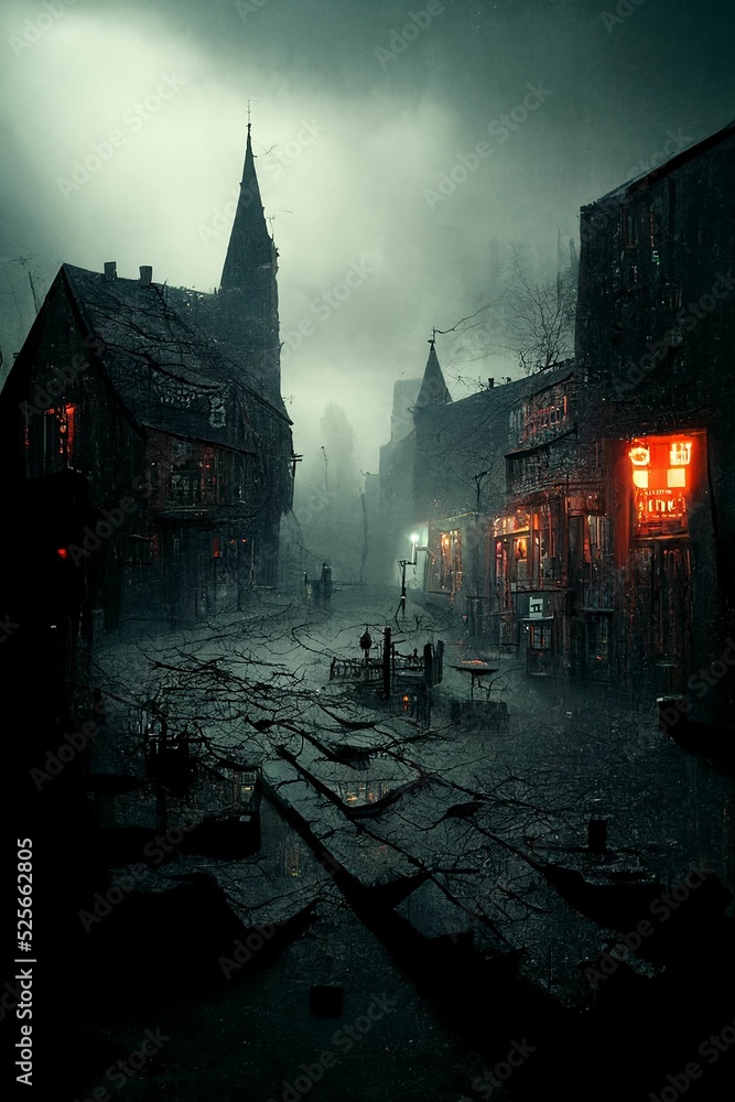 3D rendering illustration of a creepy town with gothic architecture and ...