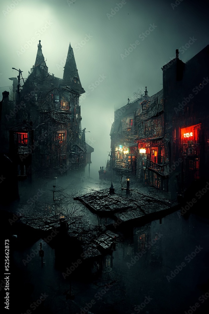3D rendering illustration of a creepy town with gothic architecture and ...