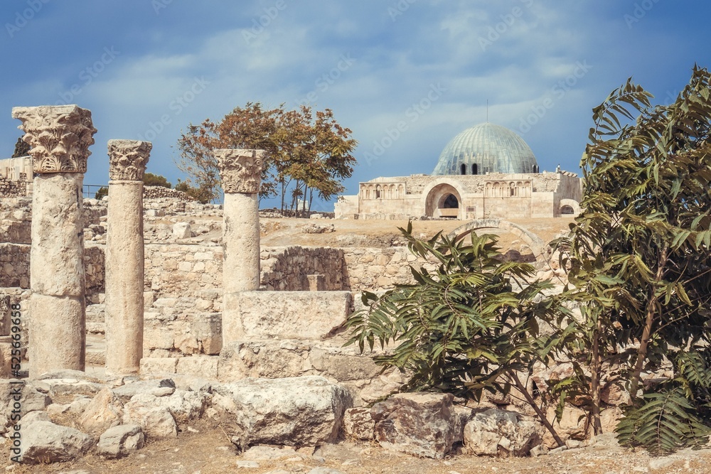 Exterior design and ruins of ancient Umayyad Palace in Amman, Jordan ...