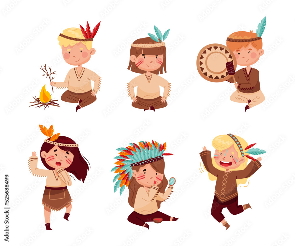 Set of happy kids playing American Indians wearing traditional costumes ...