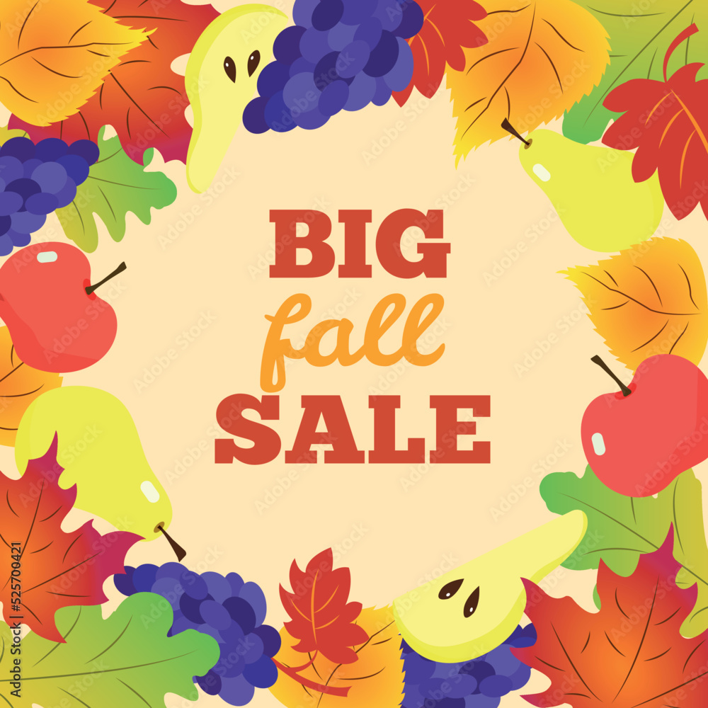 Big fall sale banner. Cute autumn background with leaves and fruits ...