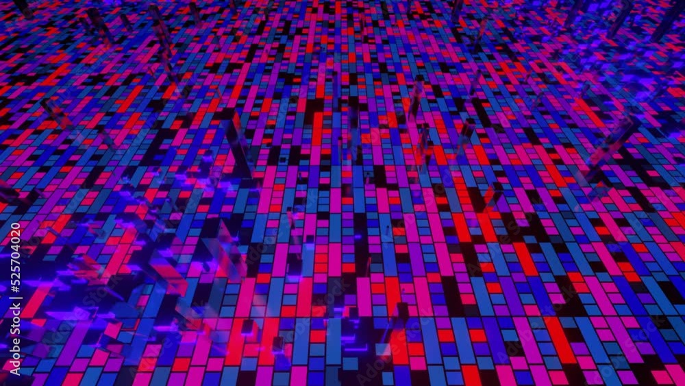 4k looped animation. Flight over hi tech pattern on plane surface, neon ...