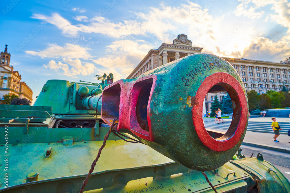 The muzzle of captured Russian tank gun on exhibition of destroyed ...
