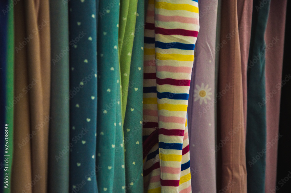 Telas colgadas con distintos colores y estampados. Stock Photo | Adobe ...
