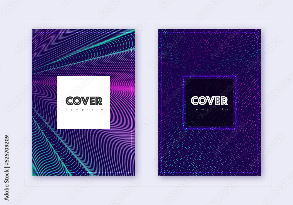 Hipster cover design template set. Neon abstract lines on dark blue ...