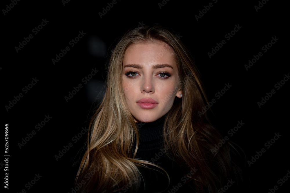 Sexy alluring woman, sensual young model looking seduce on black studio ...