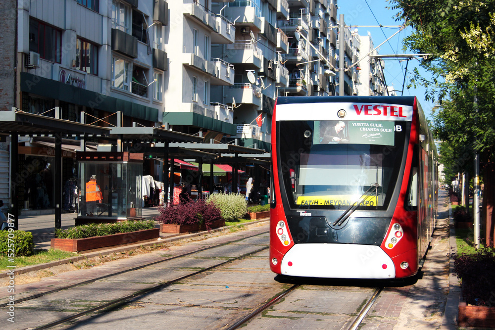 Antalya, Turkey - August 22, 2022: Hyundai Rotem tram on Ali Cetinkaya ...