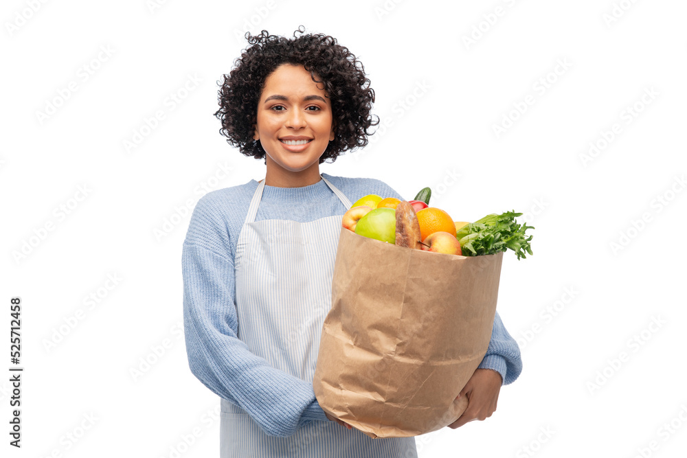 cooking, delivery and people concept - happy smiling woman in apron ...
