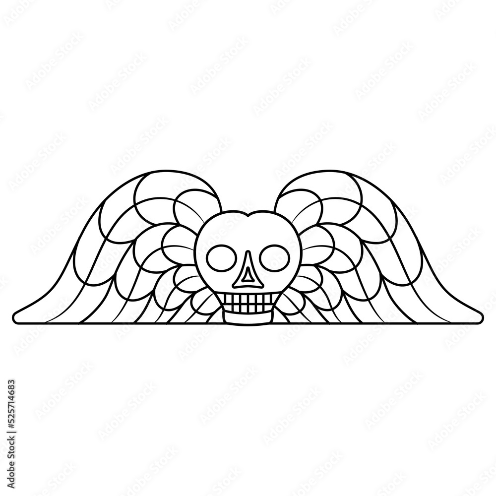 Winged skull. Medieval death symbol. Black and white linear silhouette ...