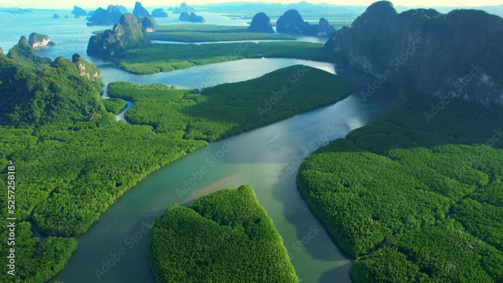 4K : Drone Flying over the mangrove forest at Phang Nga Bay in golden ...