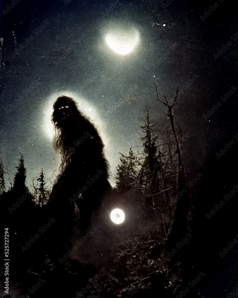 Bigfoot emerges from the trees at night with the moon and trees glowing ...