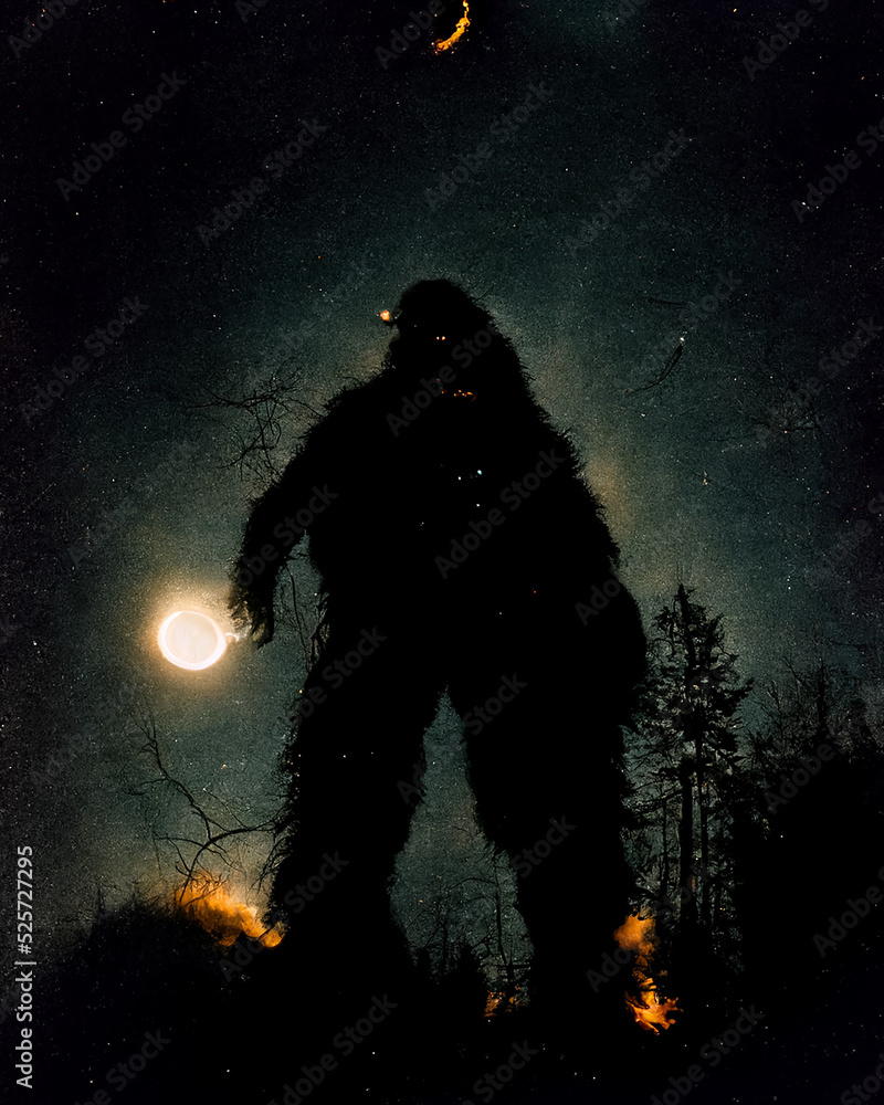 Bigfoot emerges from the trees at night with the moon and trees glowing ...