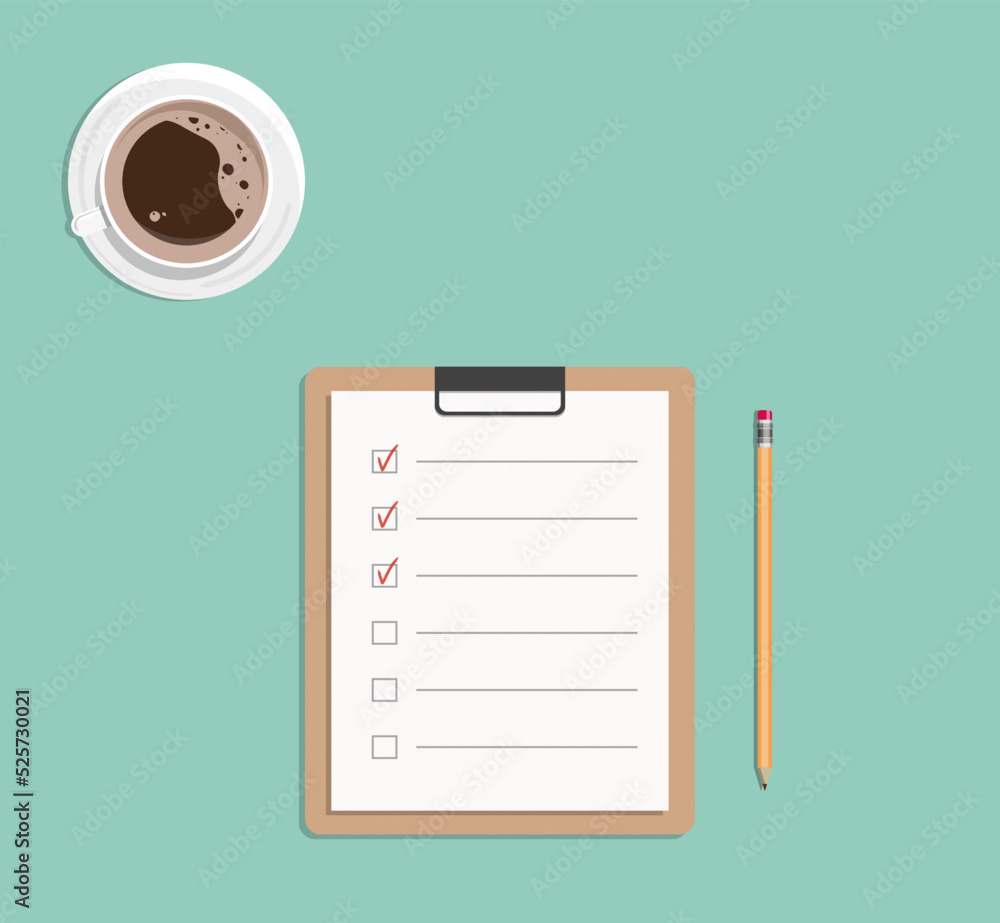 coffee cup and notepad, clipboard and pen, Clipboard with checklist on ...