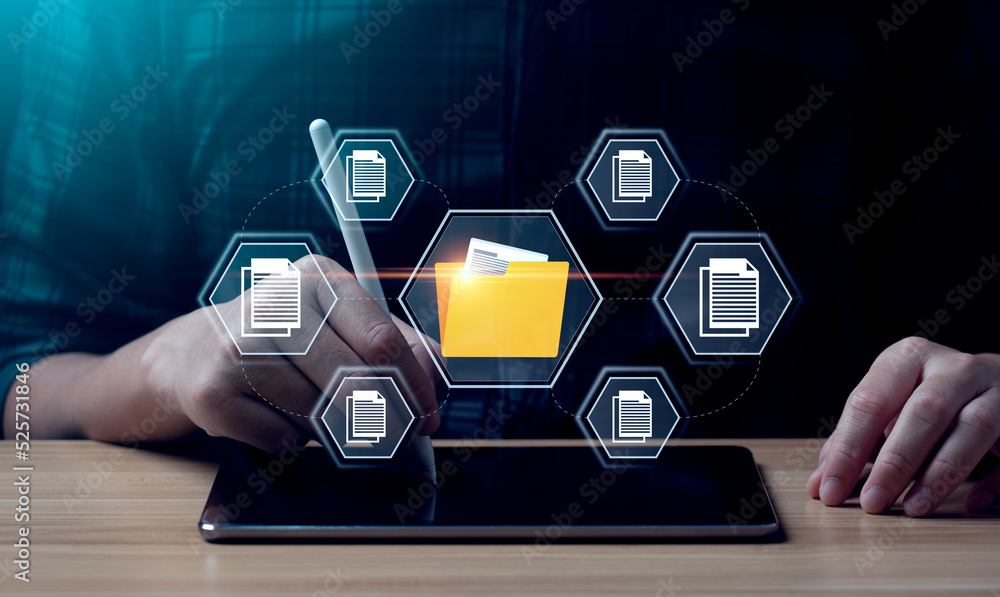 Document management system concept Businessman working on digital ...