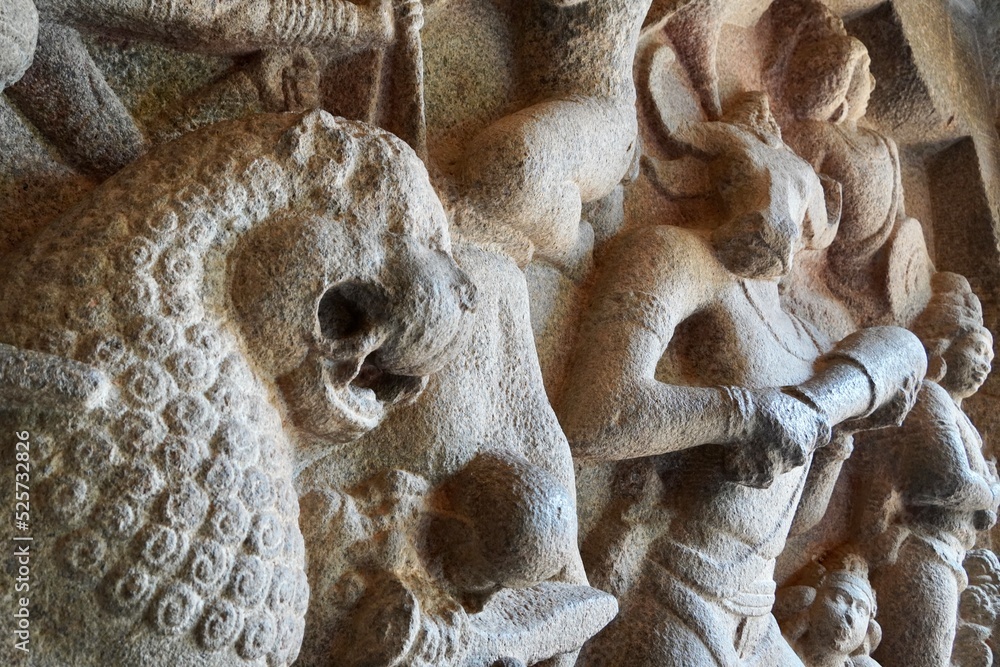 Battlefield scene of Hindu Goddess Durga fight with the Buffalo headed ...