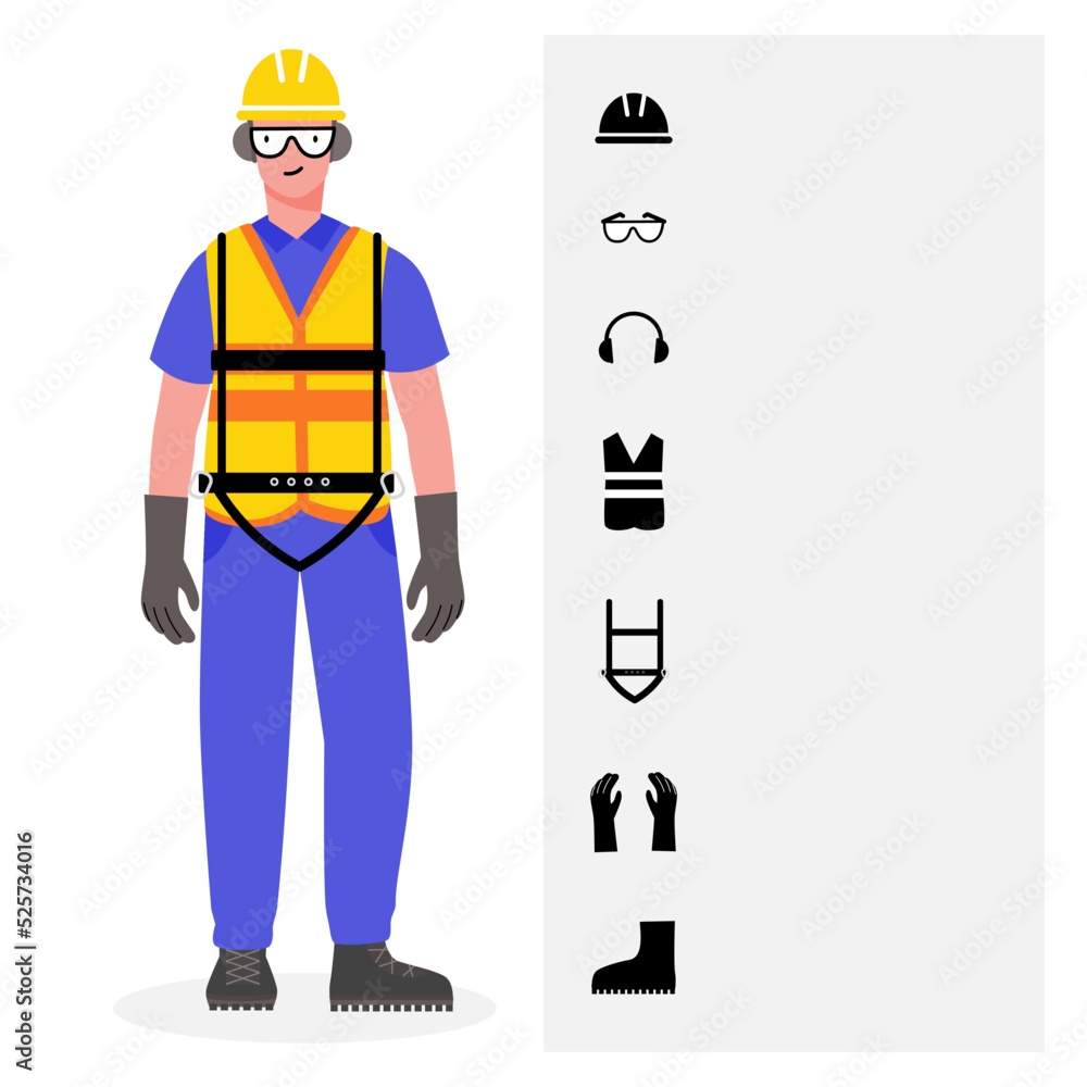 A construction worker wearing personal protective equipment with ...