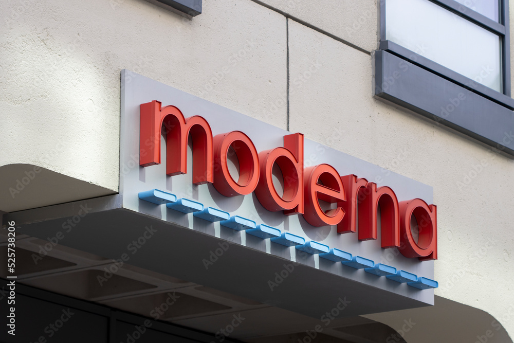 Cambridge, MA, USA - June 29, 2022: Moderna logo is seen at the ...