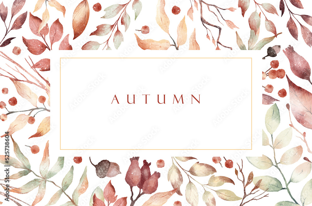 Watercolor hand drawn autumn card design with illustration of colorful ...