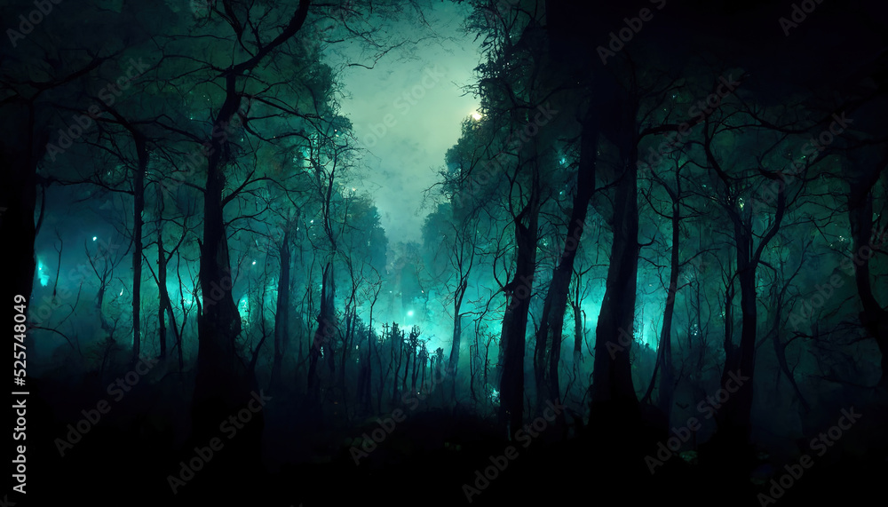 Realistic haunted forest landscape at night. Fantasy Halloween forest ...