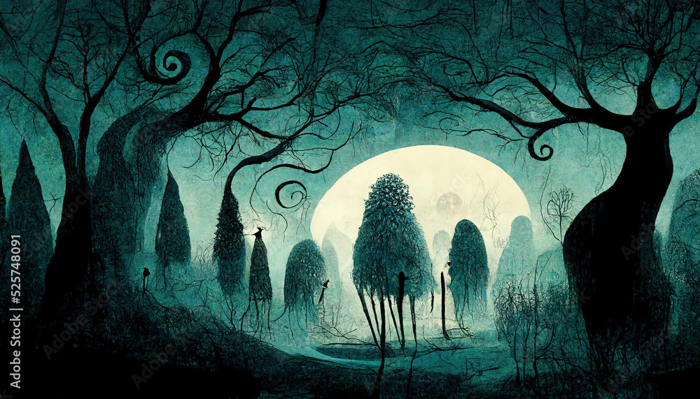 Haunted forest creepy landscape illustration. Fantasy Halloween forest ...