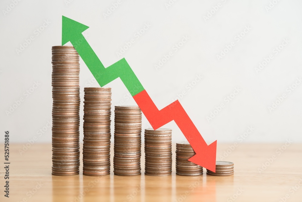 Stack coins and arrow red green graph chart volatility up and down on ...
