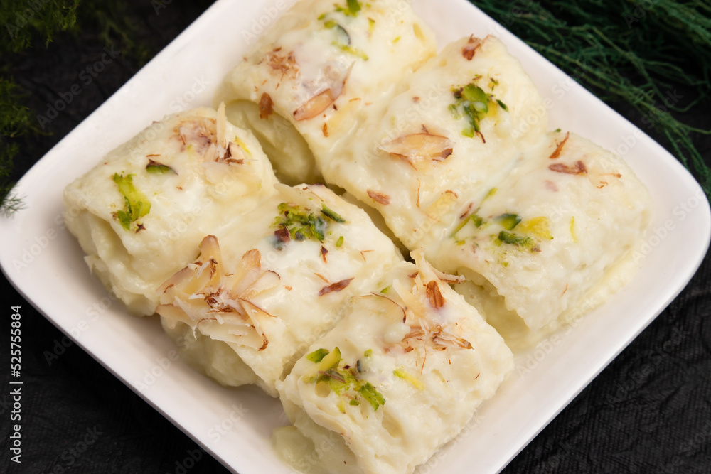 Indian Mithai Bread Malai Roll Rabdi Or Bengali Rabri Is Made Of Soft White Bread Slices, Dipped ...