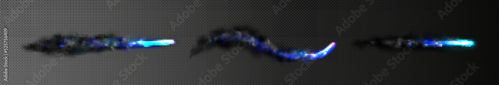 Blue fire trail of flying comet, rocket or missile isolated on ...