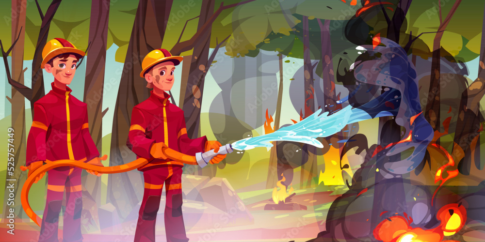 Cartoon firemen extinguishing wildfire. Vector design of brave ...