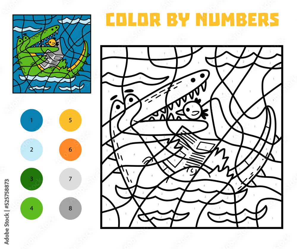 Color by number, education game for kids, Crocodile swims and reads a ...