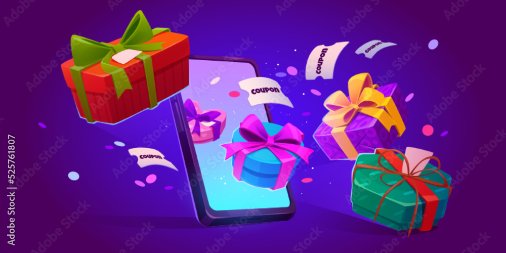 Mobile phone with gift boxes and coupons flying out of screen. Big ...