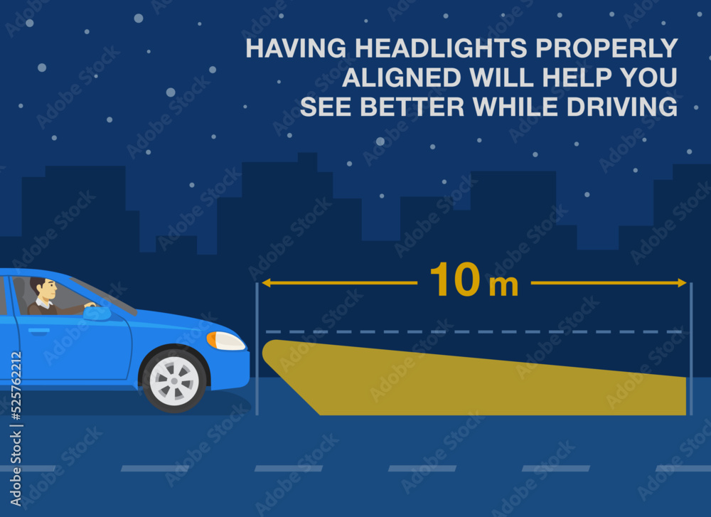 Safe driving at night. Using low and high beam headlights tips. Having ...