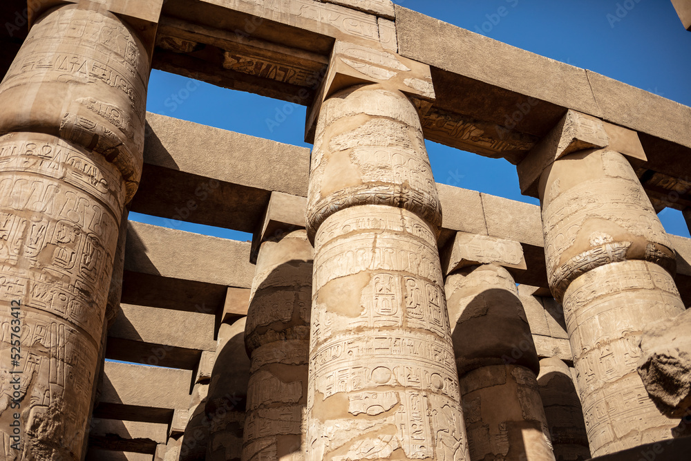 Different hieroglyphs on the walls and columns in the Karnak temple ...