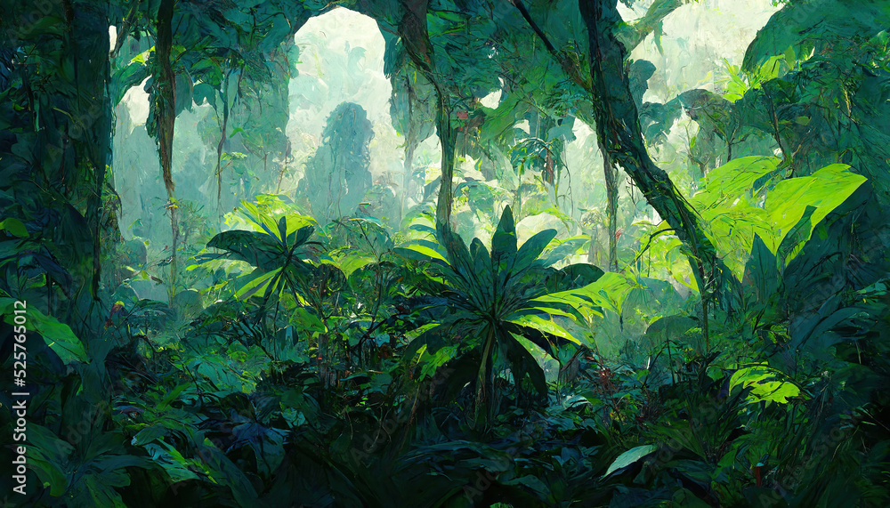 Jungle nature landscape wallpaper. Exotic forest illustration with lush ...