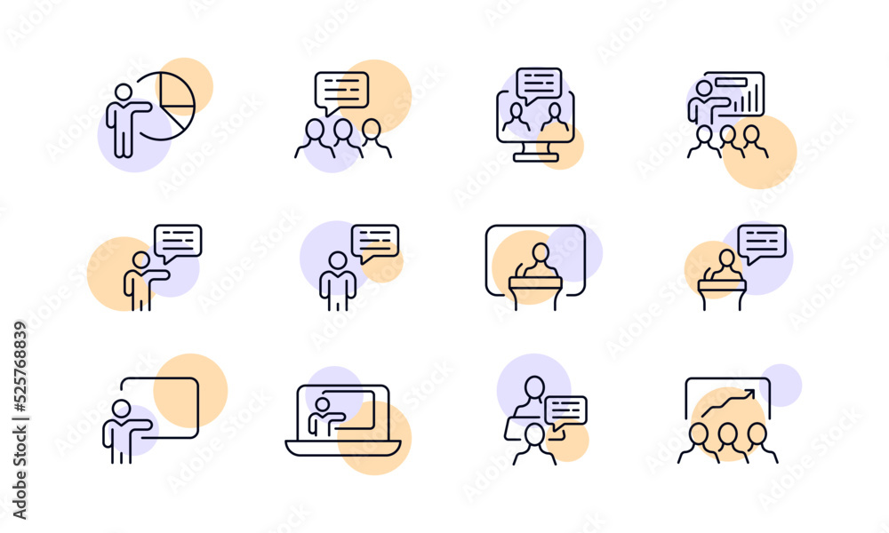 Presentation set icon. Give a speech, workflow, lecture, lecturer ...