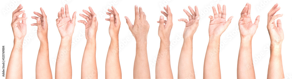 Multiple Male Caucasian hand gestures isolated over the white ...