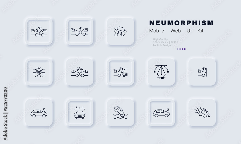 Car accidents set icon. Fall from cliff, overheating, fall into water ...