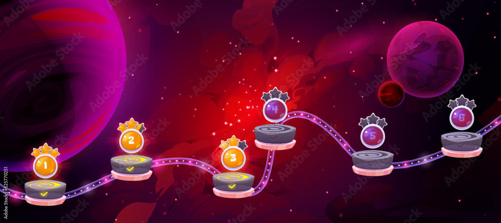 Space game level map with futuristic cosmos background, flying ...